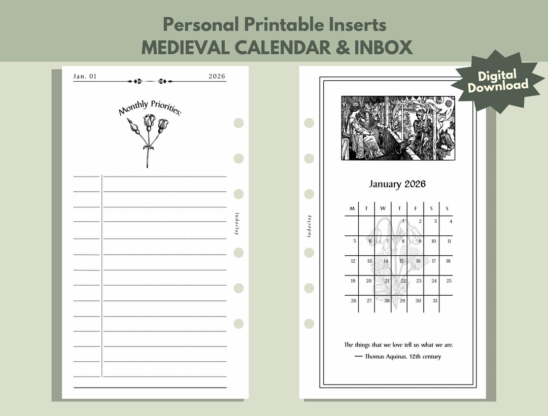 Medieval Calendar Planner Insert | 2026 Monthly Inbox (digital Download ...