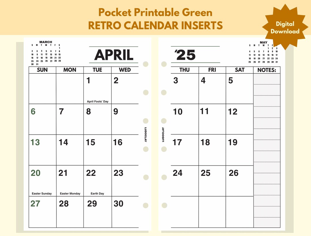 Pocket Rings Printable Retro Calendar Inserts | Green+black Style ...