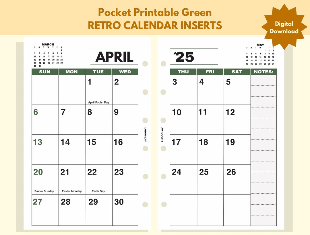 Pocket Rings Printable Retro Calendar Inserts | Green Style | Holidays ...