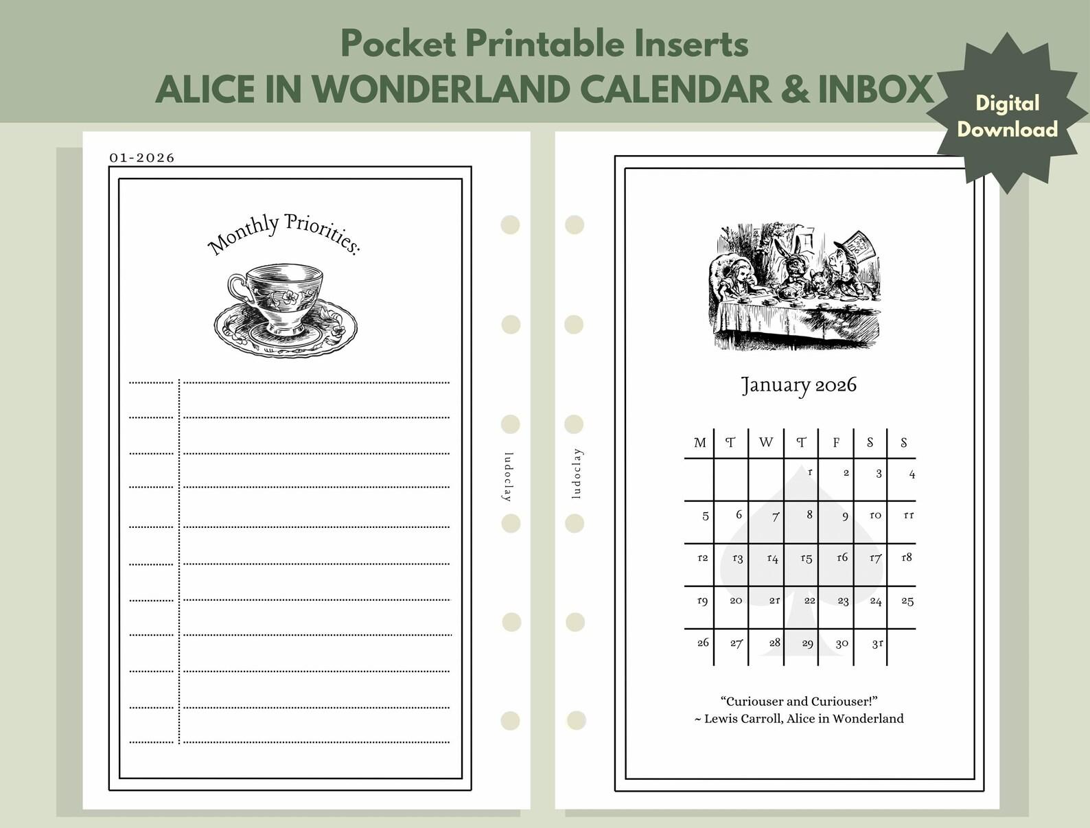 Alice in Wonderland Planner Inserts | Pocket Size Calendar (digital ...