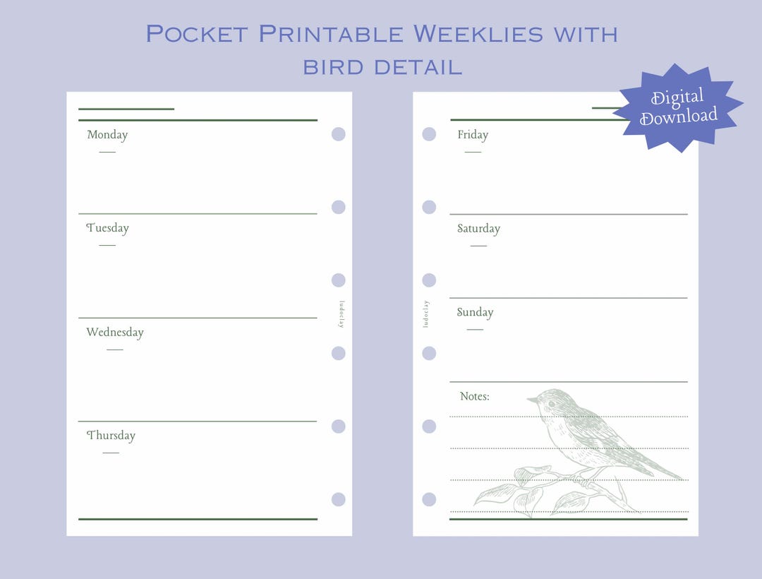 Pocket Bird Planner Inserts | A7 Unnumbered Weeklies (digital Download ...