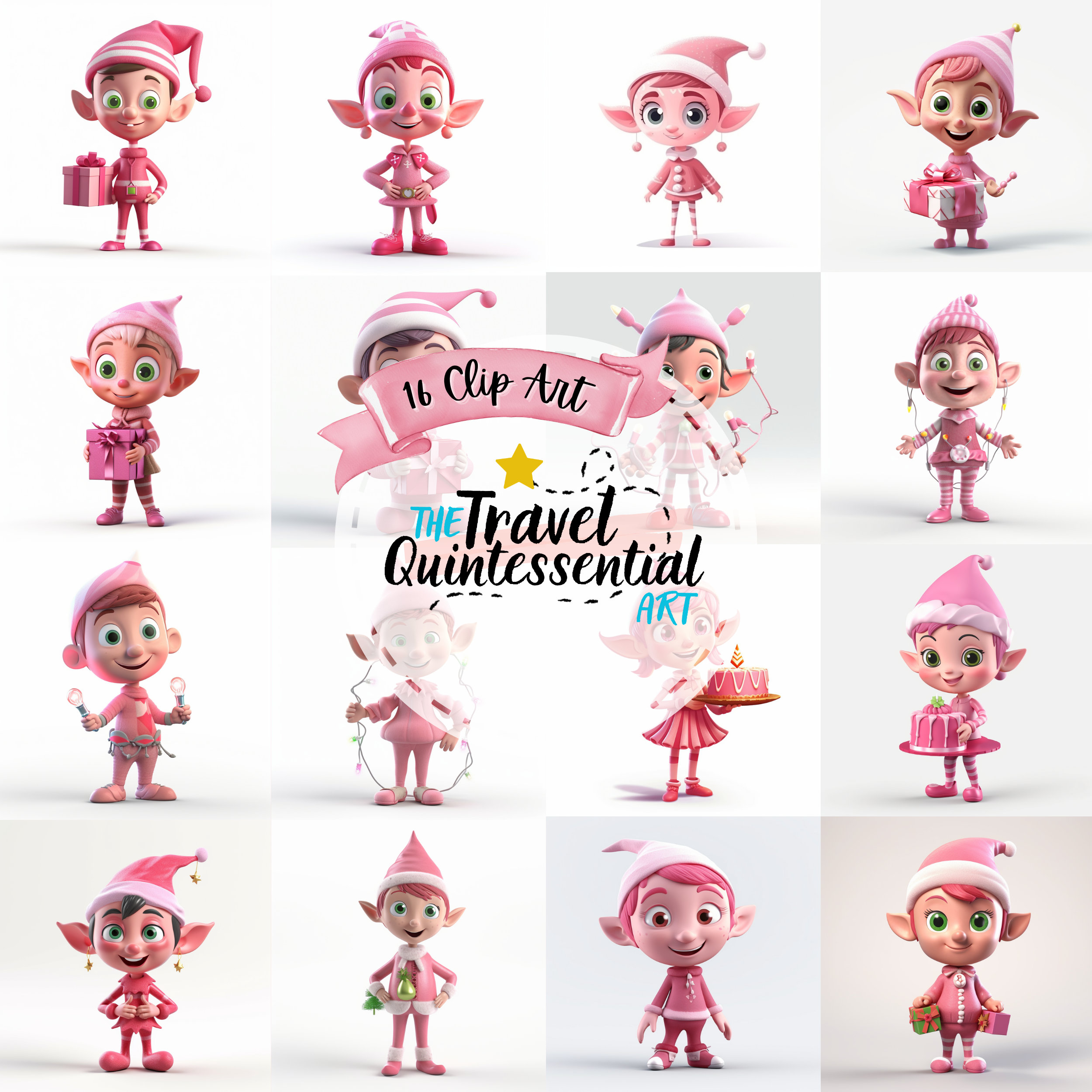Cute Elf Characters in Pink Outfits - Digital Art SETELF001 - Etsy