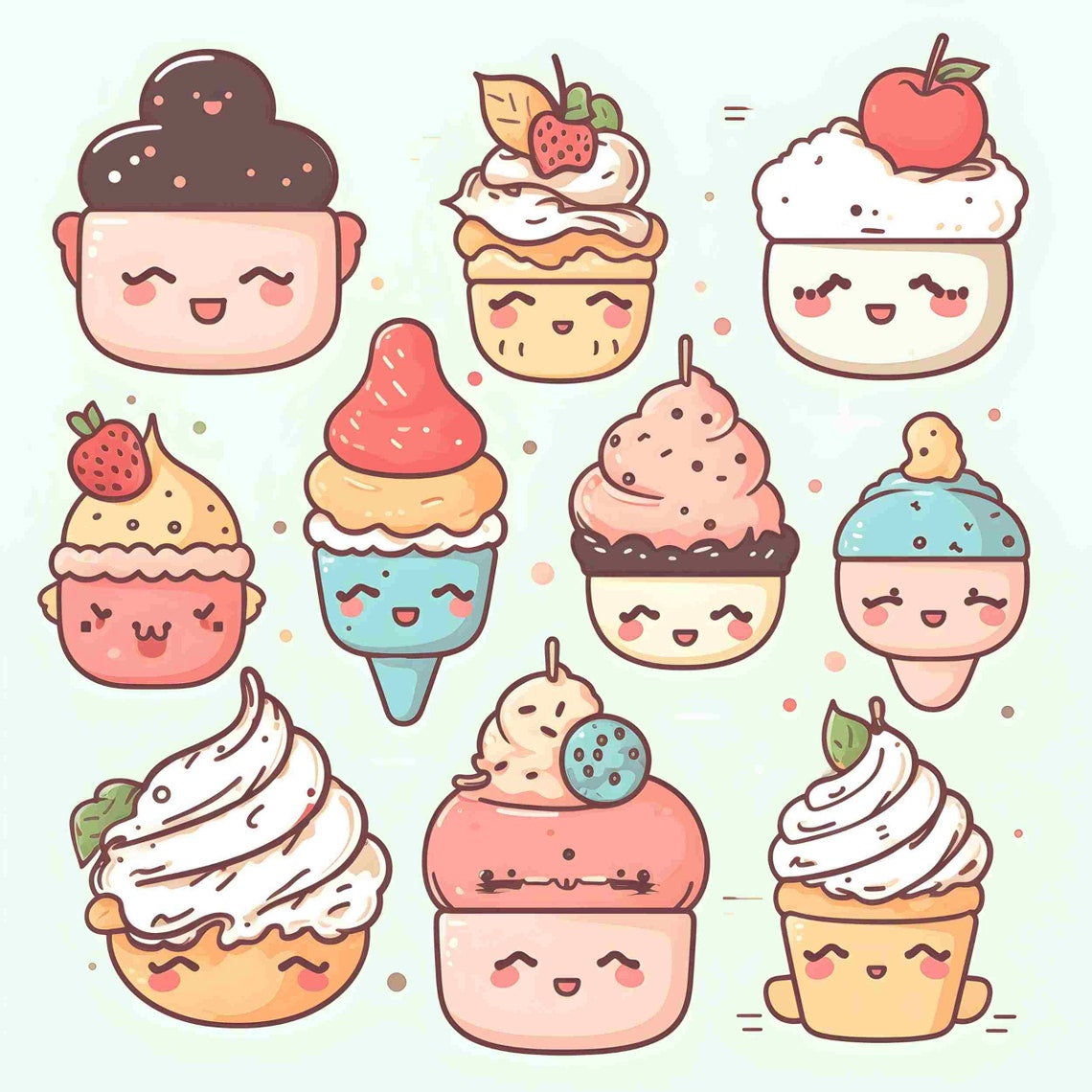 Cute Desserts Cartoon Characters - Digital Art SETCD001 - Etsy