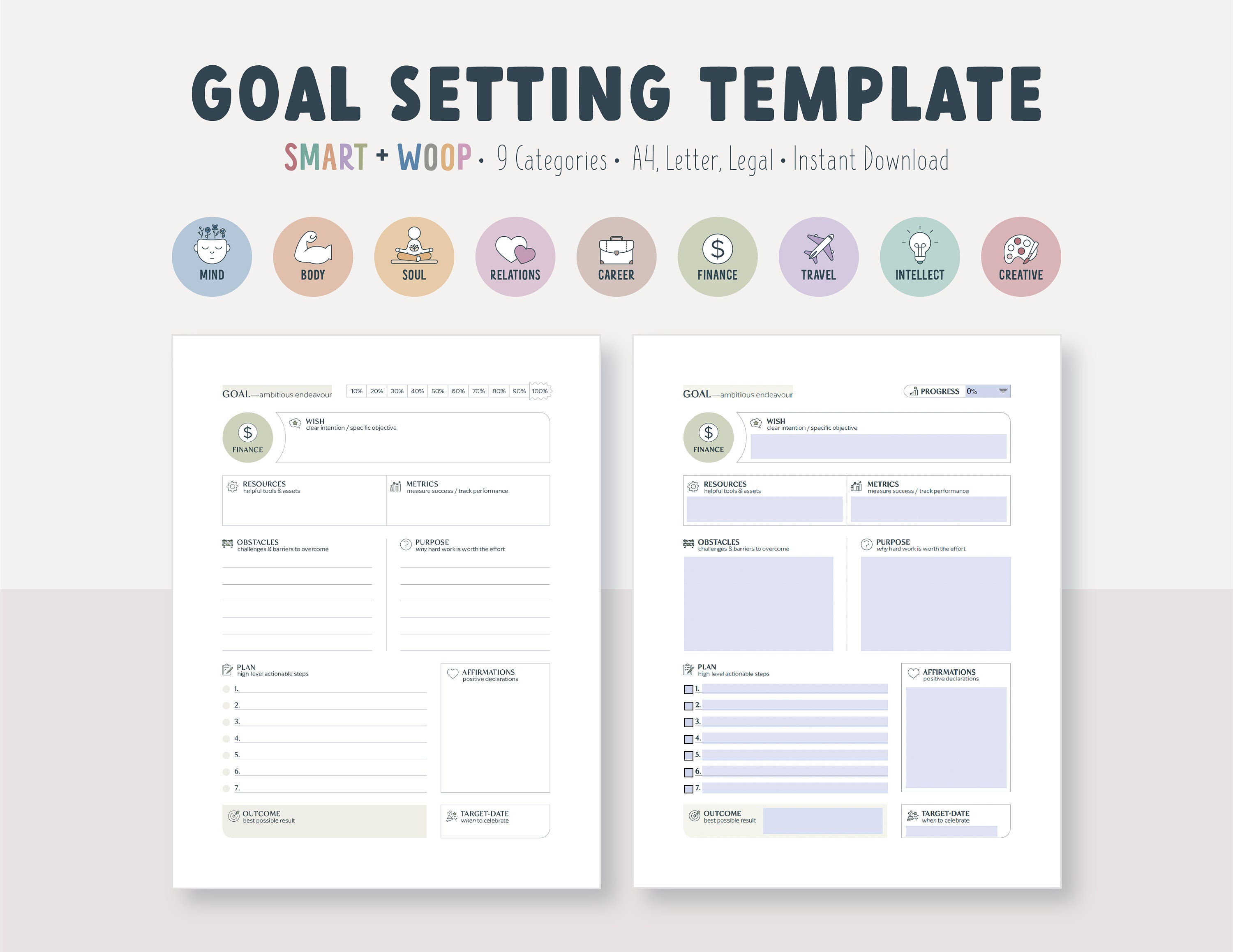 Goal Setting Template | Printable PDF | Fillable PDF | Goal Worksheet ...