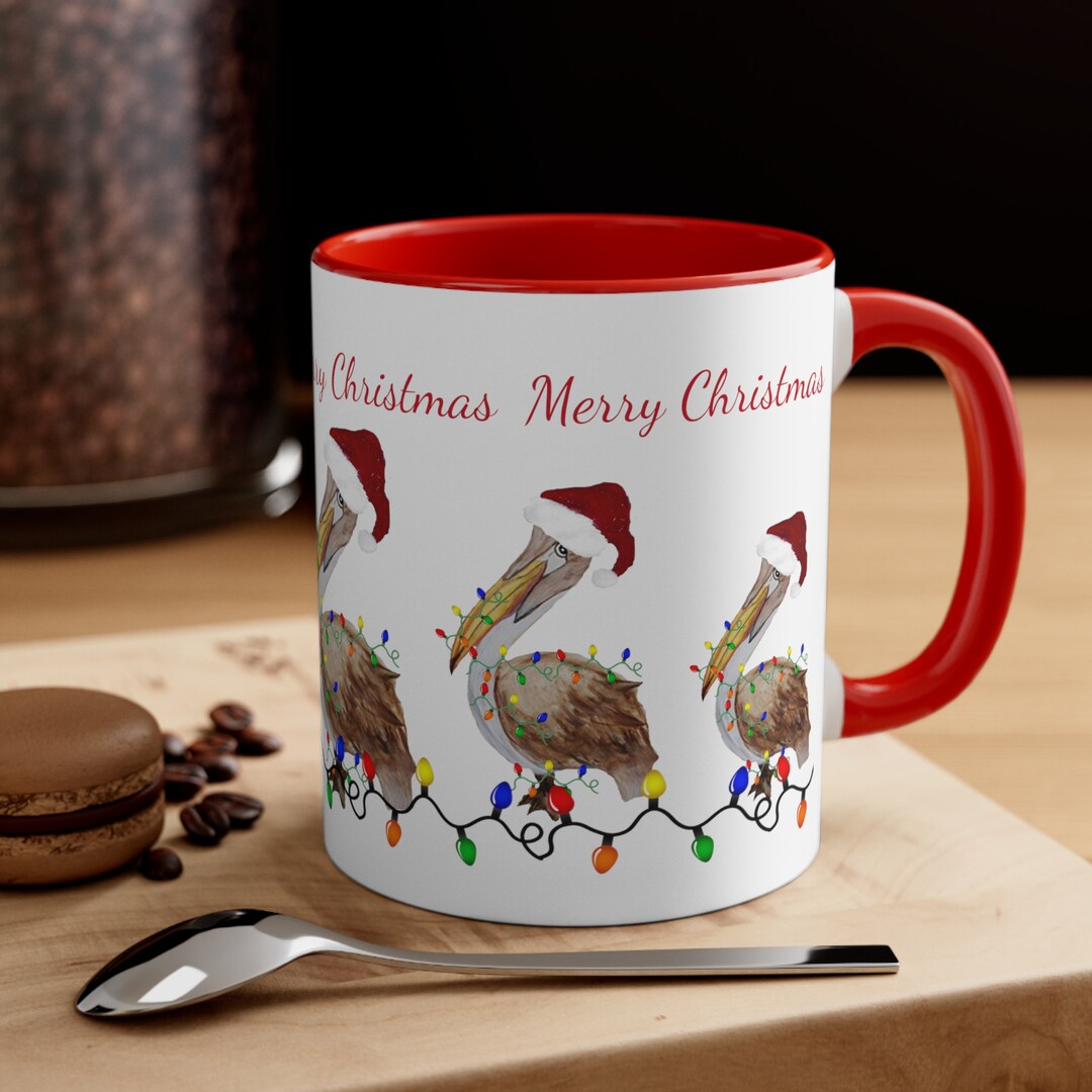 Christmas Santa Pelican and Holiday Lights on White Mug With Red Inside ...