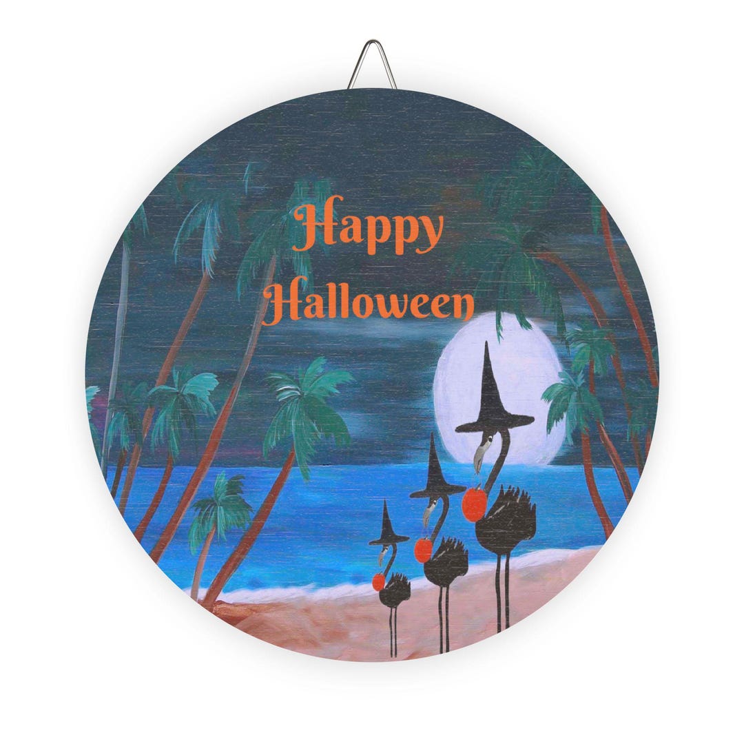 Halloween Flamingo Witch Tropical Moonlight Design Wood Signs With My ...