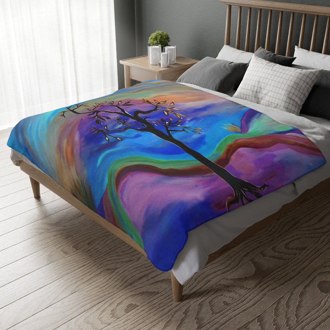 Retro Intuitive Art Tree on Shades of Blue Green Orange Pink - Etsy