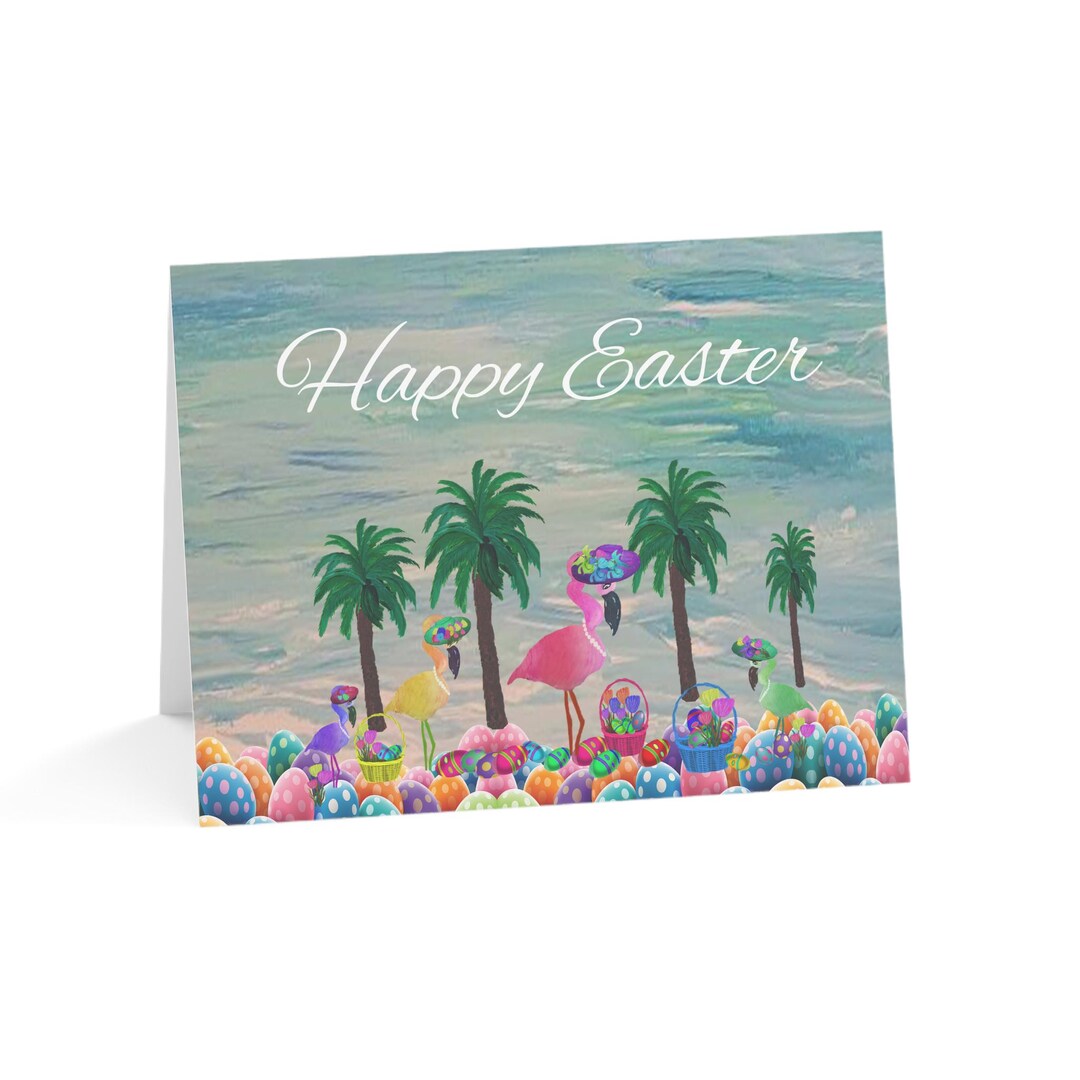 Easter Flamingos Coastal Greeting Cards, Colorful Eggs 1 10 30 50pcs ...