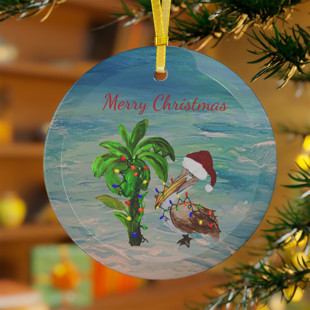 Christmas Santa Pelicans in Holiday Lights and Tropical Palm Tree Glass ...