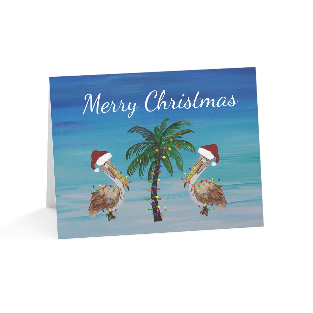 Santa Pelicans and Tropical Holiday Palm Tree Christmas Greeting Cards ...