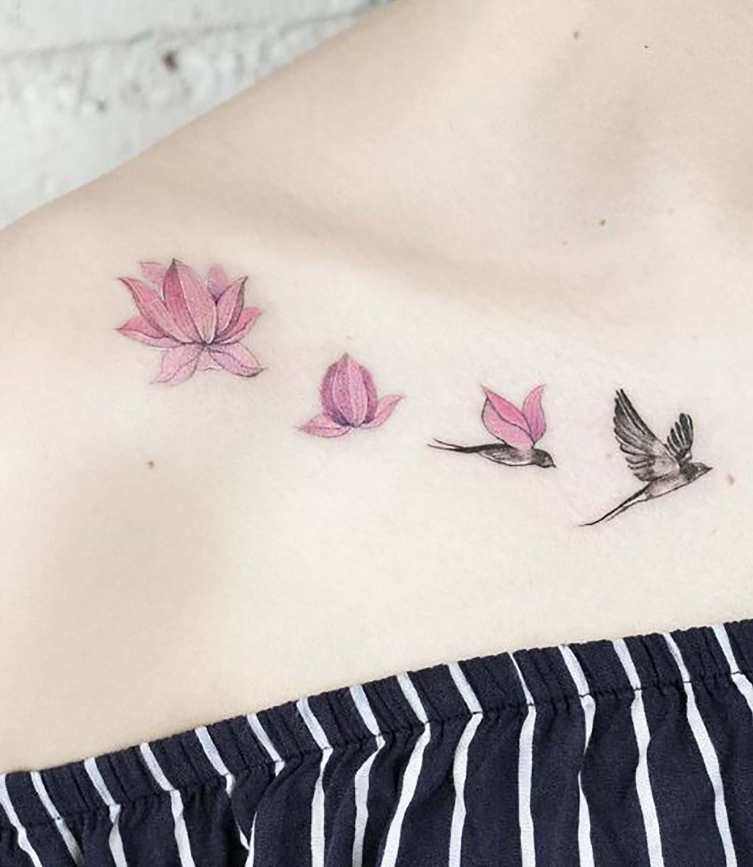 Blooming Lotus With Hummingbird Temporary Tattoo, Floral Flying Bird ...