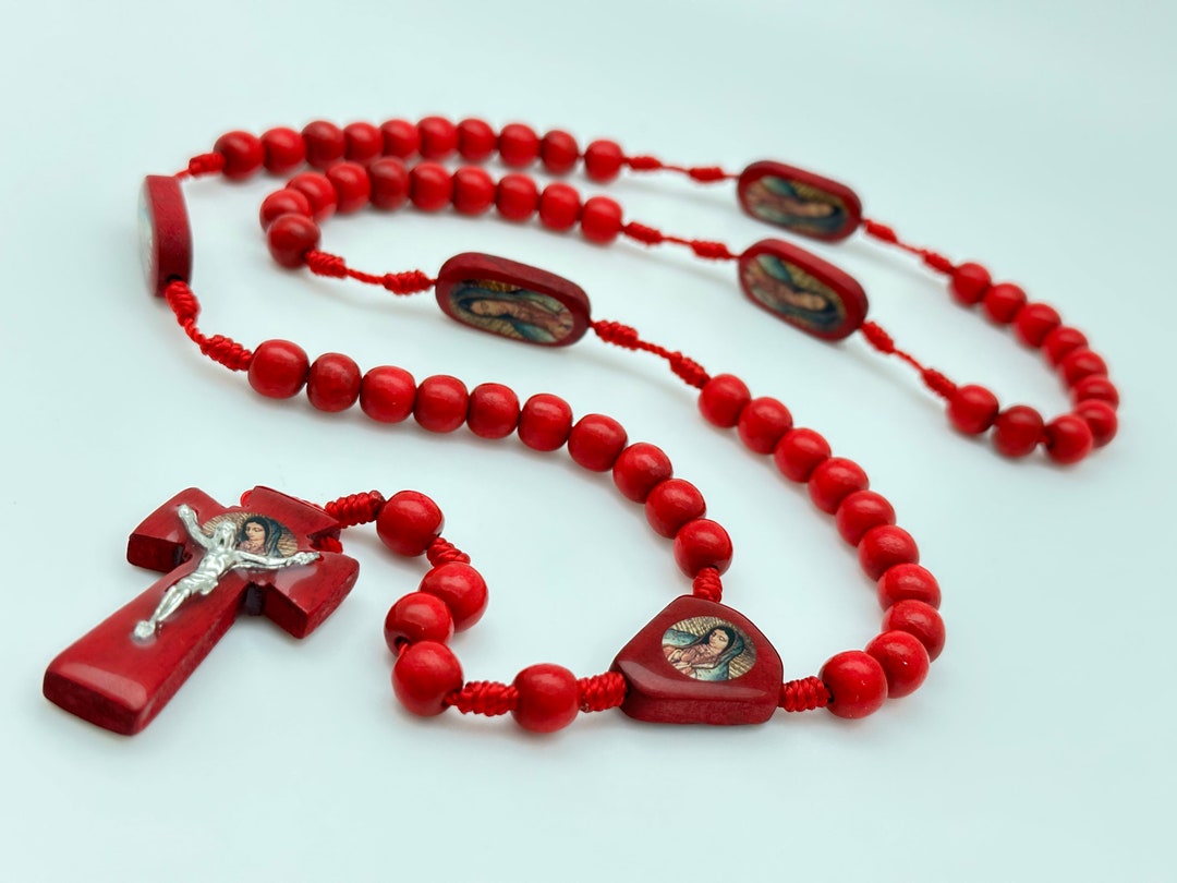 Rosario De La Virgen De Guadalupe Color Rojo Red Wooden Mary Rosary - Etsy