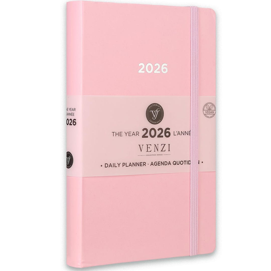 2026 Daily Planner: Venzi Pink Vegan Leather Agenda - Bilingual ...
