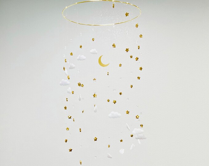 Stars Crystals Baby Mobile, Gold Stars Cloud Moon Baby Mobile, Neutral ...