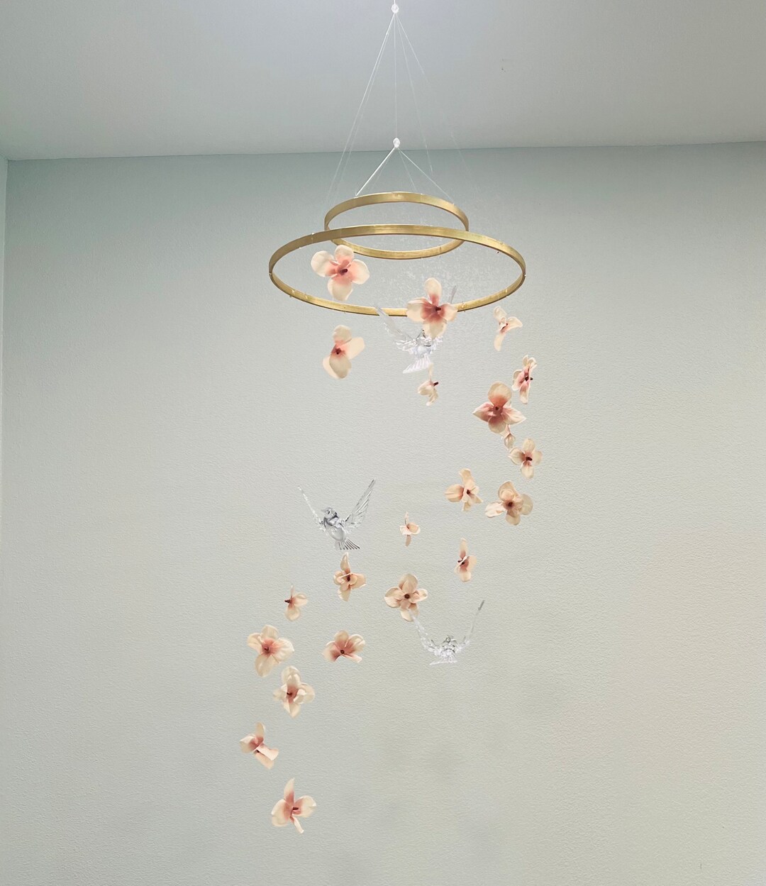 Flower and Feather Hummingbird Mobile, Pink Blush Baby Mobile, Baby ...