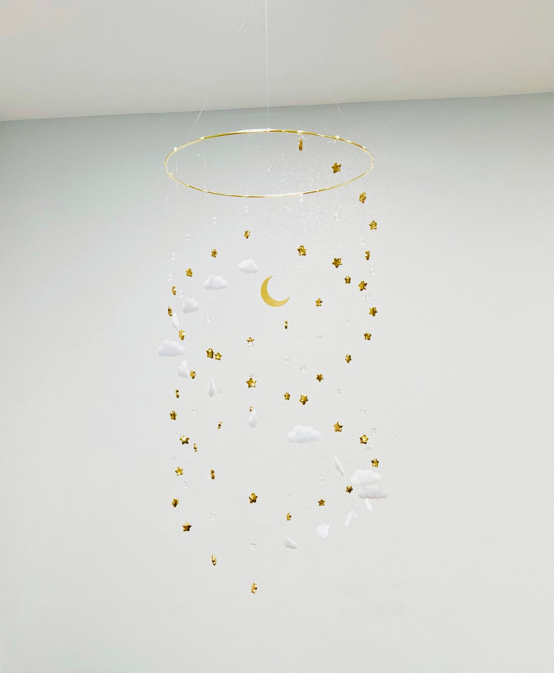 Stars Crystals Baby Mobile, Gold Stars Cloud Moon Baby Mobile, Neutral ...