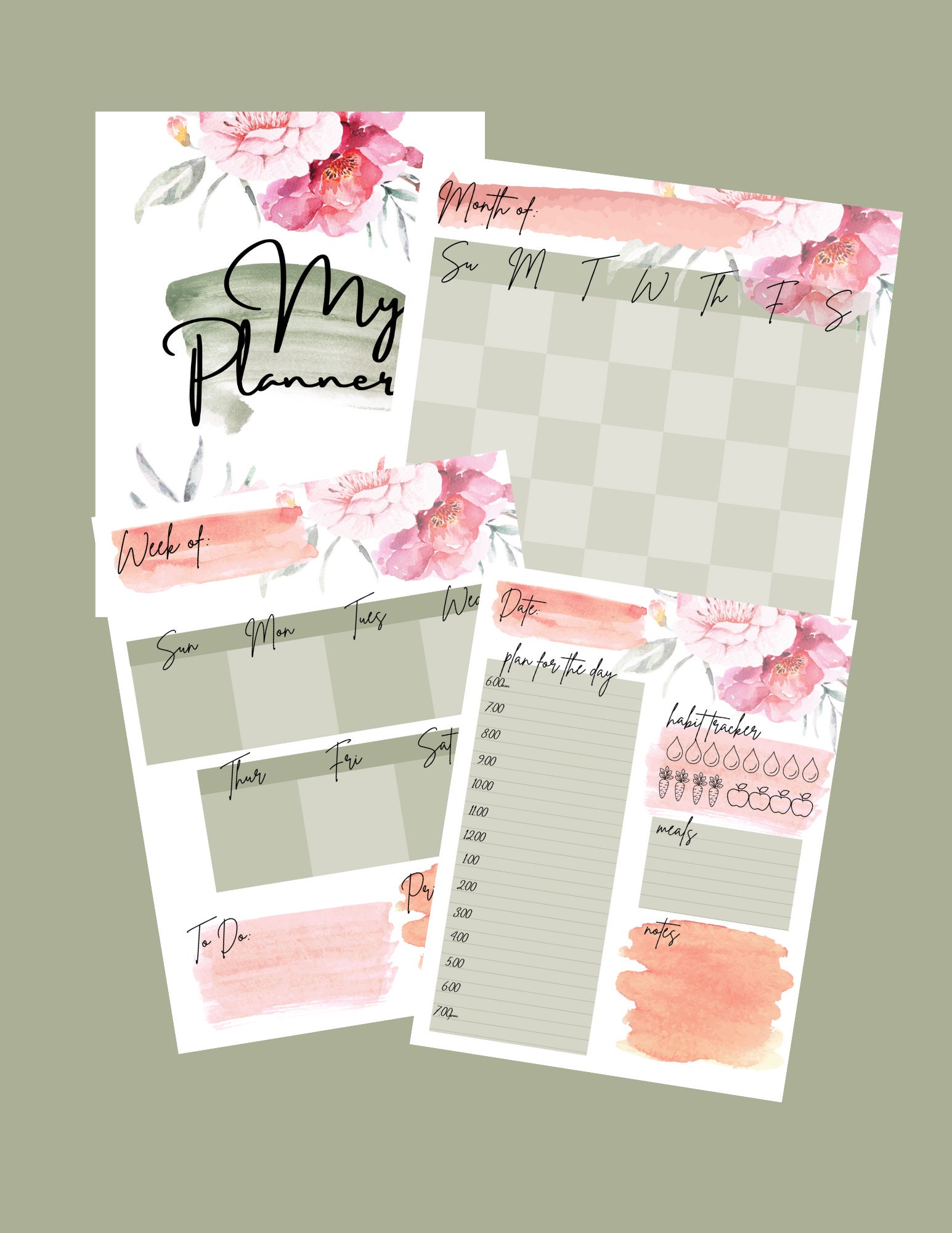 Pink & Green Rose Planner Printable - Etsy