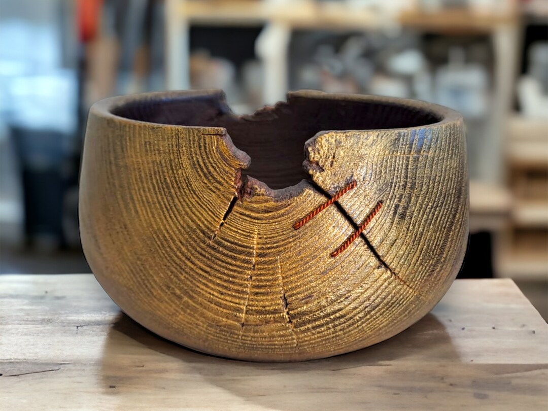 Handcrafted Roasted Chestnut Bowl With Gold Leaf Accents and Copper ...