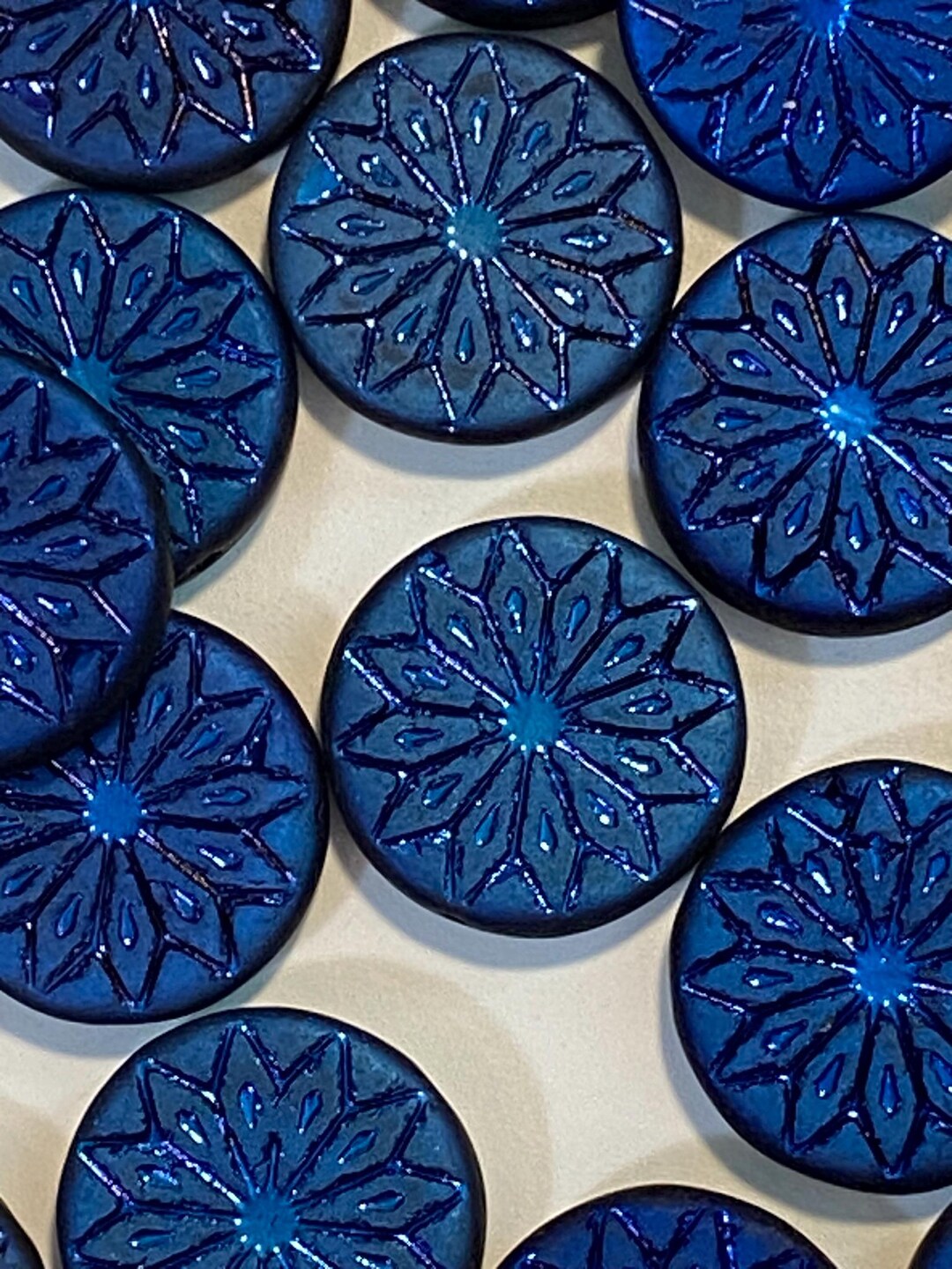 18mm Origami Flower Ornamental Coin Bead, Matte Blue Transparent With ...
