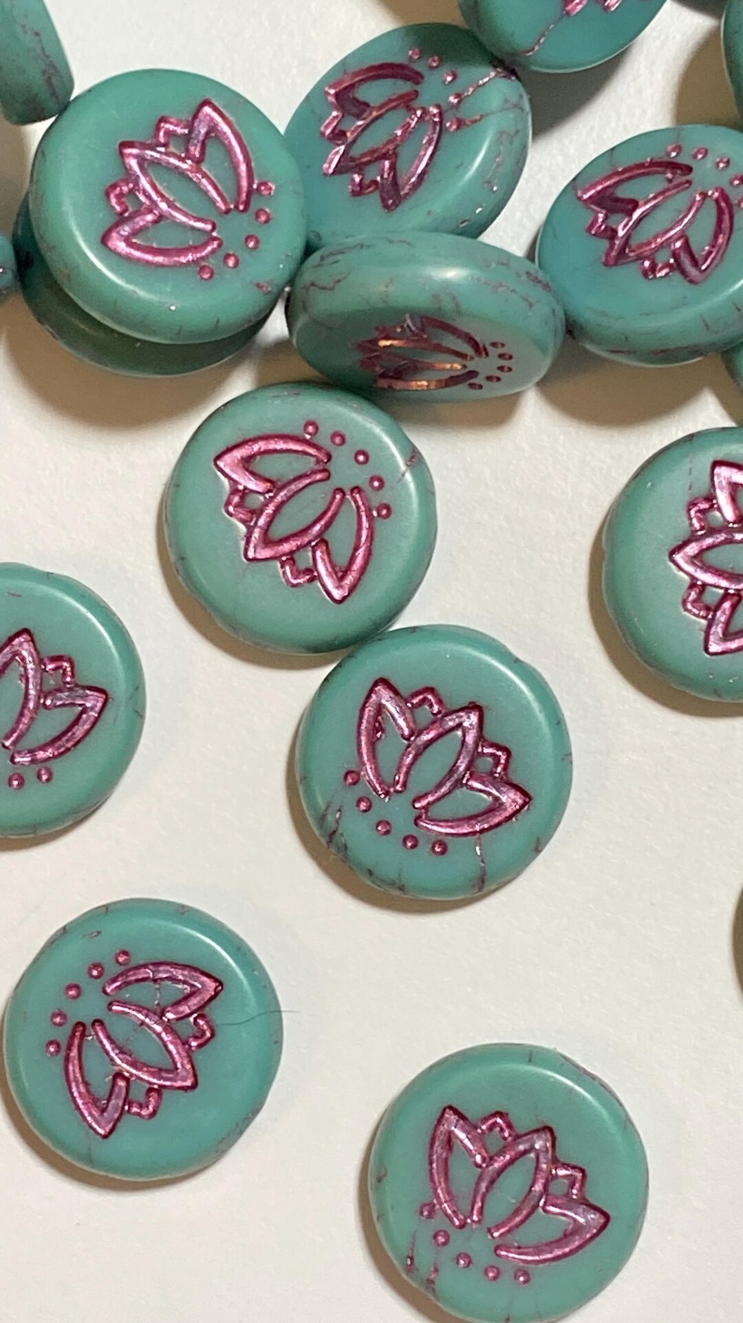 14mm Coin Bead With Lotus Flower, Turquoise Opaque With Metallic Pink ...
