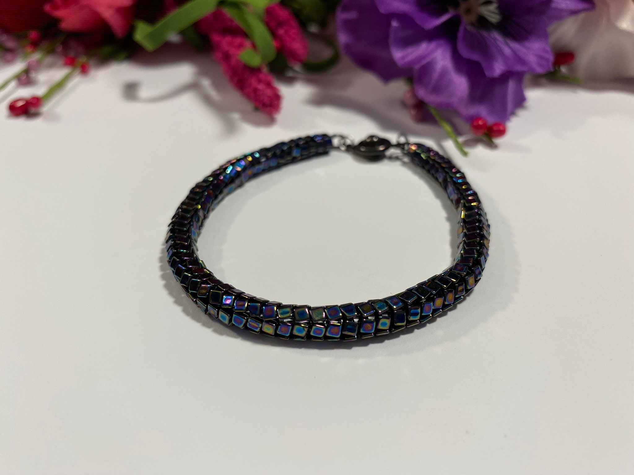 Gunmetal Shine Slinky Beaded Reptilian Rope Bracelet - Etsy