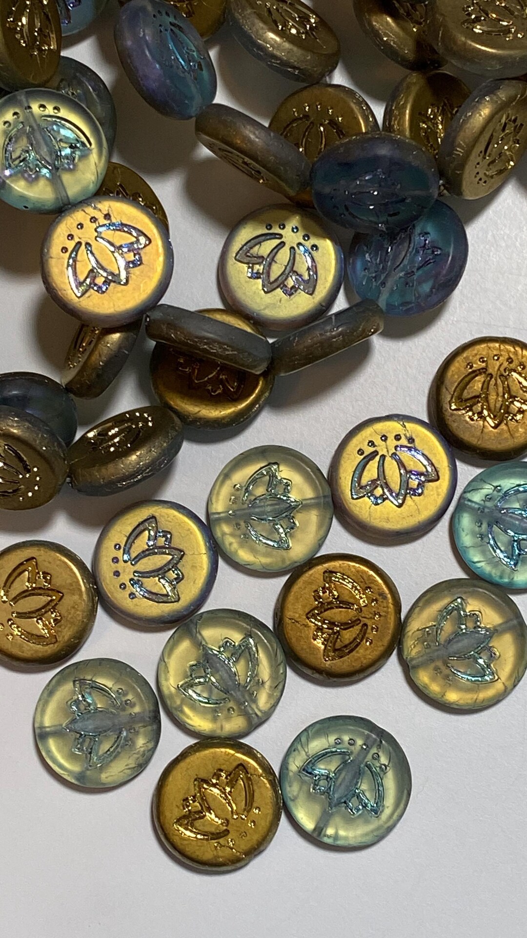 14mm Coin Bead With Lotus Flower, Aqua Transparent Matte & Gold/pink ...