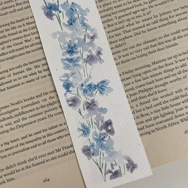 Watercolour Bookmark Gift, Blue and Purple Flowers Bookmark. Handmade ...