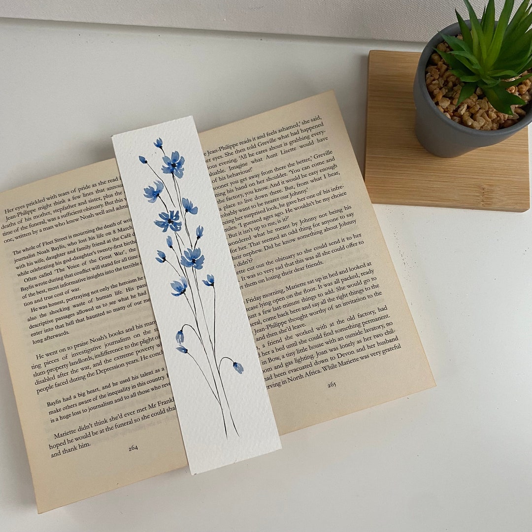 Watercolour Bookmark Gift, Blue Flower Bookmark. Handmade Painted ...