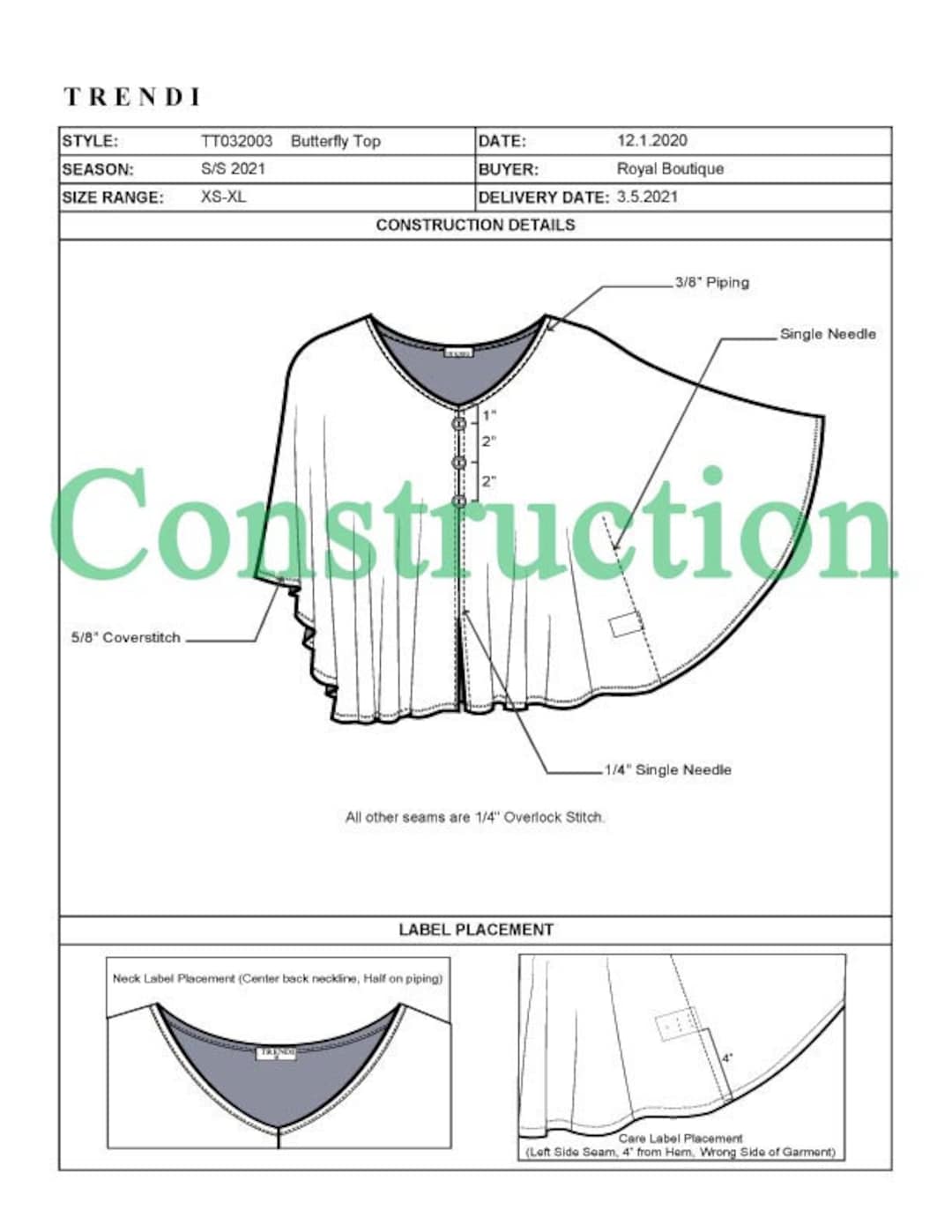 Construction Details and Label Placement Template for Tech Pack Garment ...
