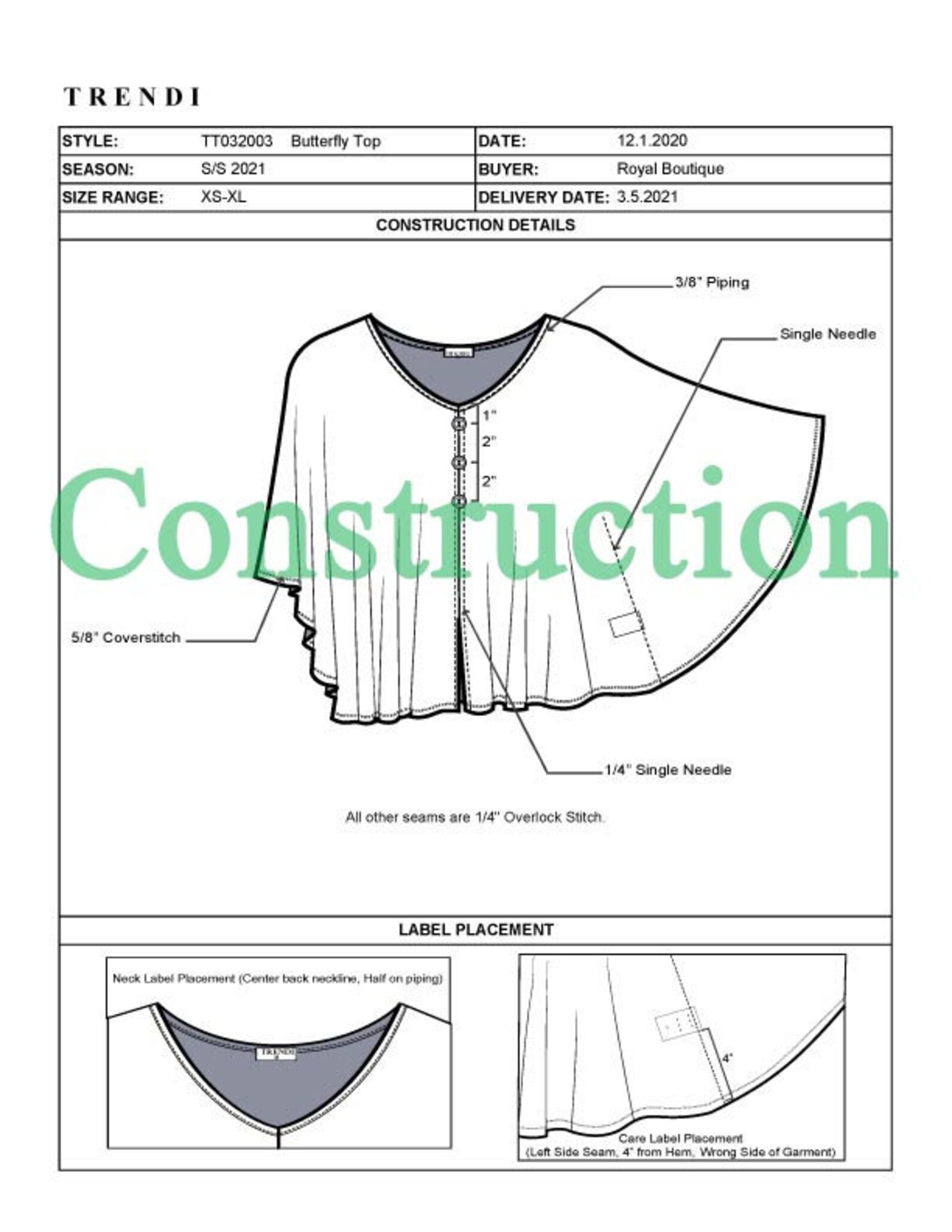 Construction Details and Label Placement Template for Tech Pack Garment ...