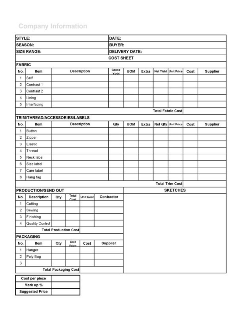 Cost Sheet Template for Tech Pack Garment Production for Clothing ...