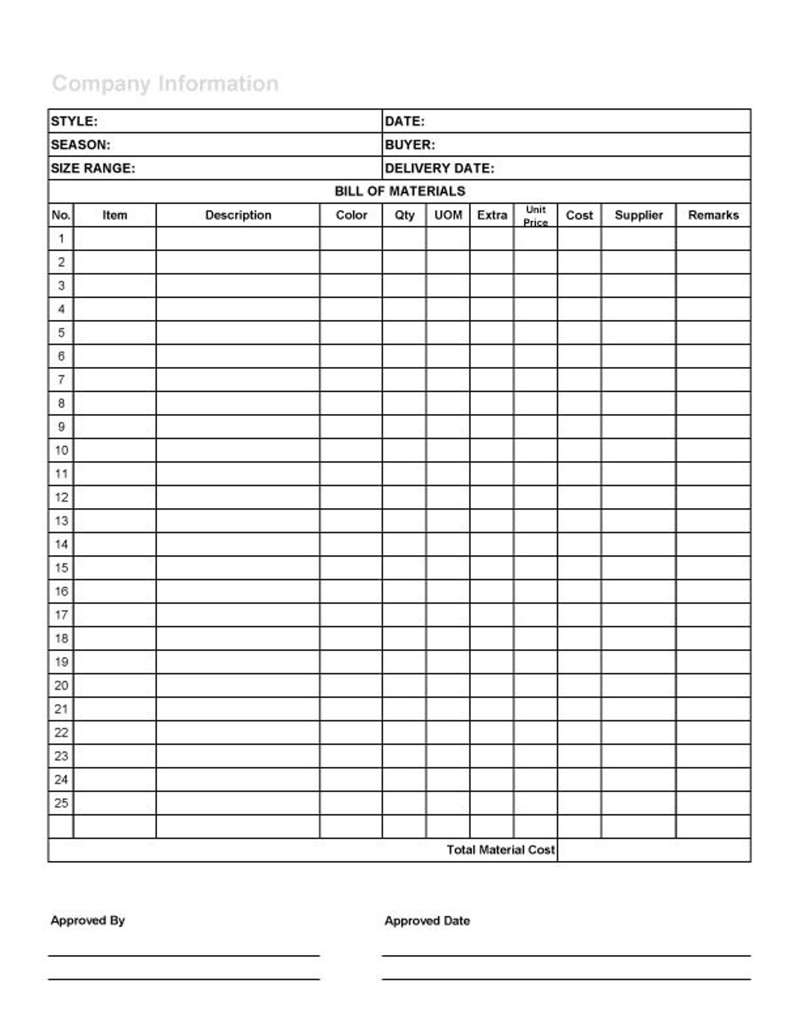 BOM bill of Material Template for Tech Pack Garment Production for ...