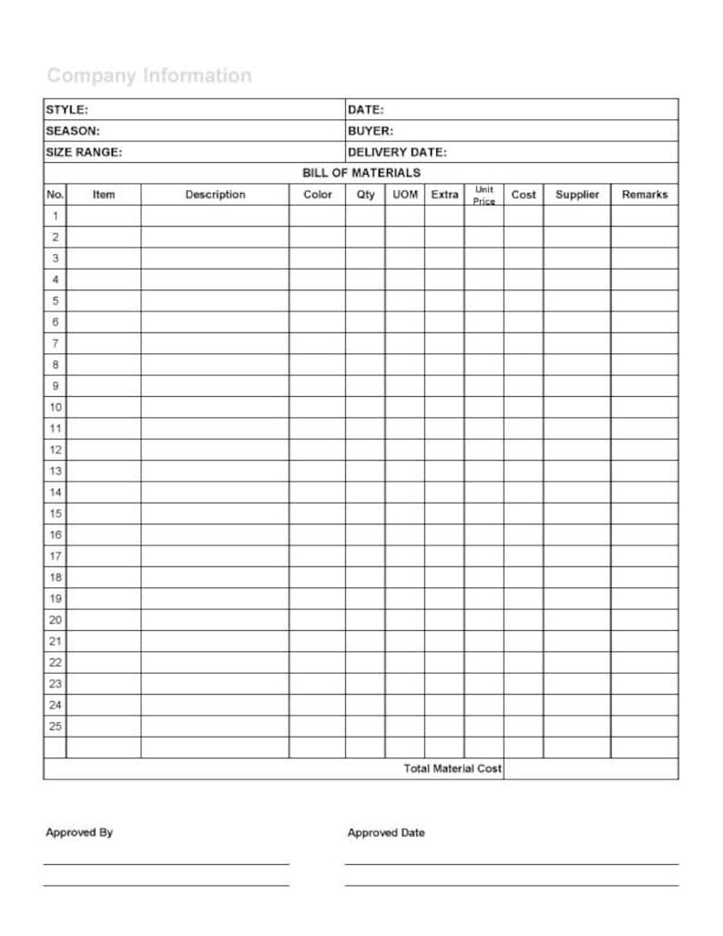BOM bill of Material Template for Tech Pack Garment Production for ...