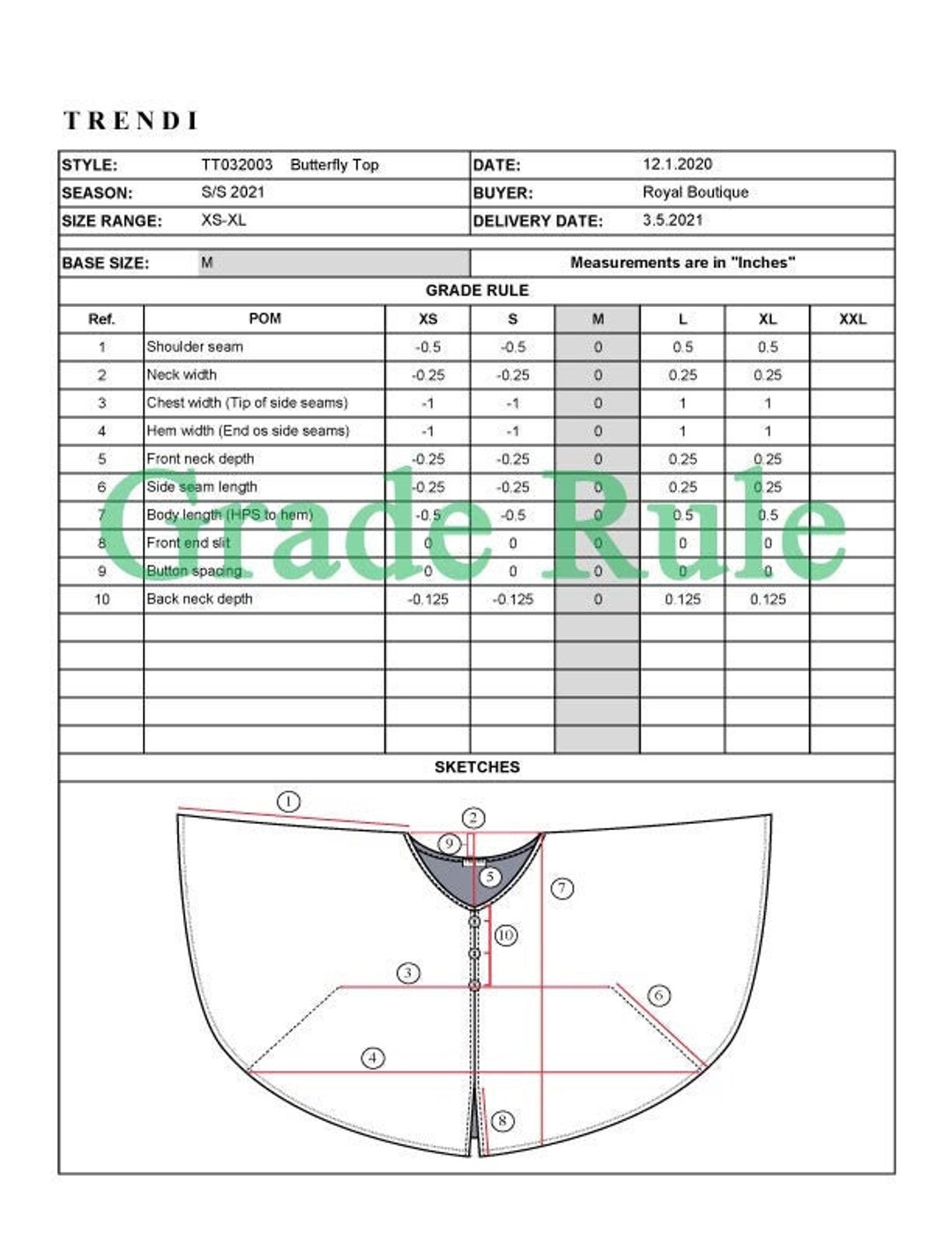 Grade Rule Template for Tech Pack Garment Production for Clothing ...
