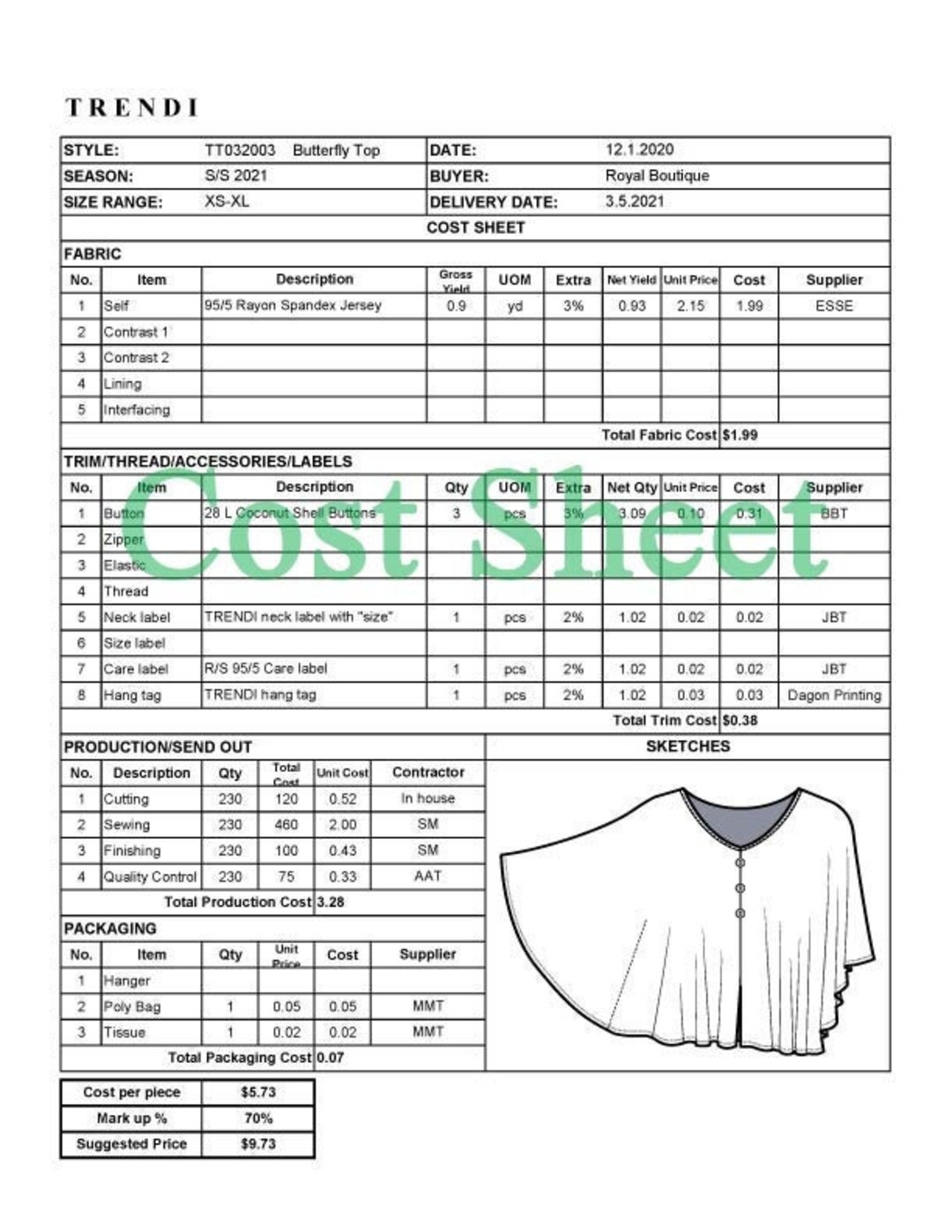 Cost Sheet Template for Tech Pack Garment Production for Clothing ...
