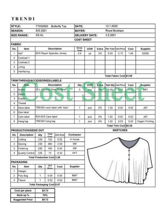 Cost Sheet Template for Tech Pack Garment Production for | Etsy