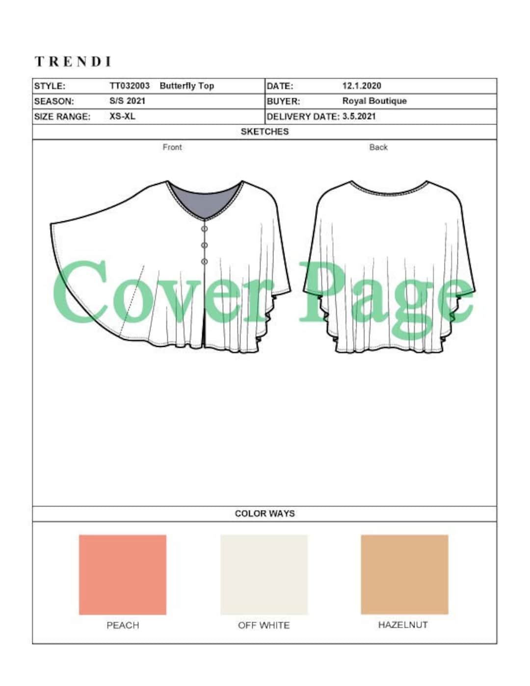 Cover Page Template for Tech Pack Garment Production for Clothing ...