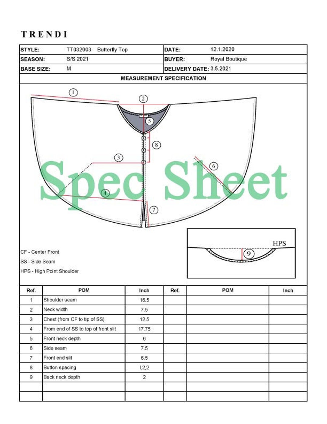 Measurement Specification Template for Tech Pack Garment Production for ...