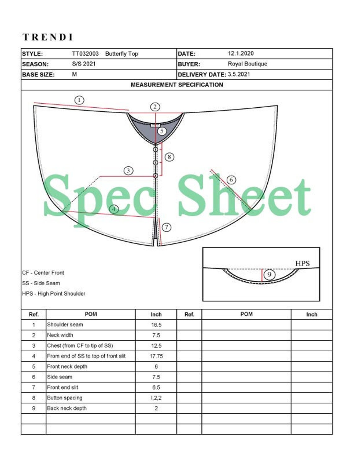 Measurement Specification Template for Tech Pack Garment Production for ...