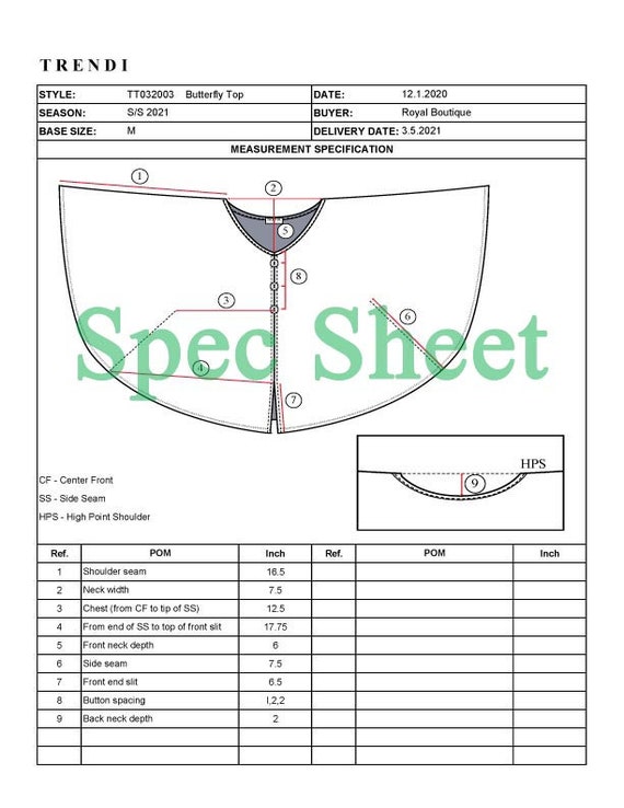 Measurement Specification Template for Tech Pack Garment | Etsy