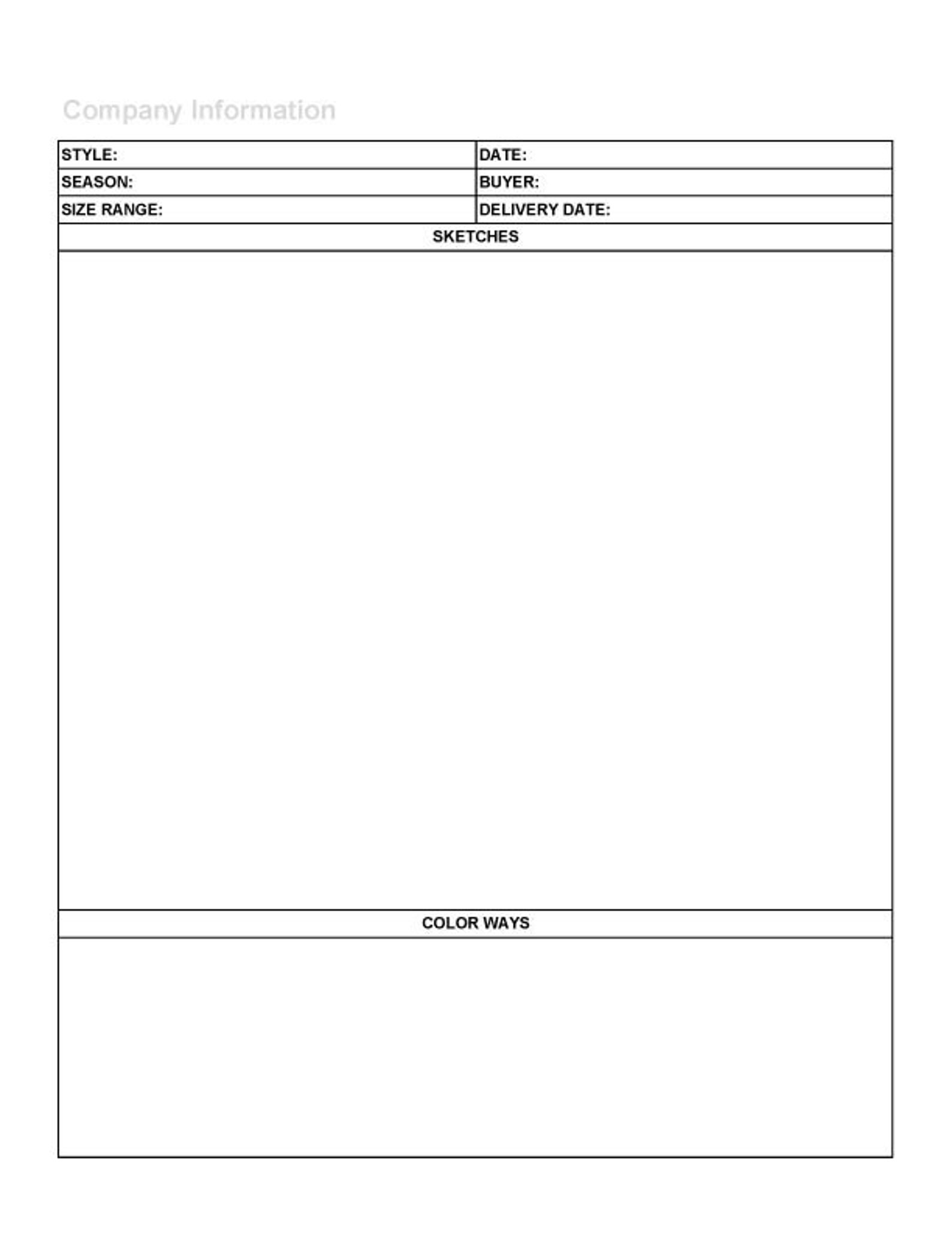 Cover Page Template for Tech Pack Garment Production for Clothing ...