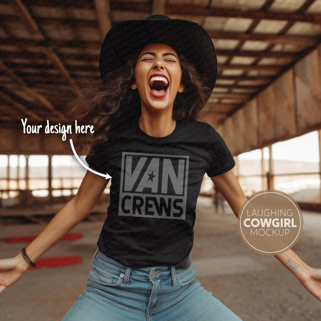 Laughing Cowgirl Mockup With Black T-shirt Mockup, Young Woman Mockup ...