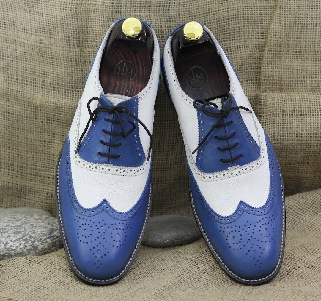 Handmade Blue White Pure Leather Wing Tip Style Men's - Etsy