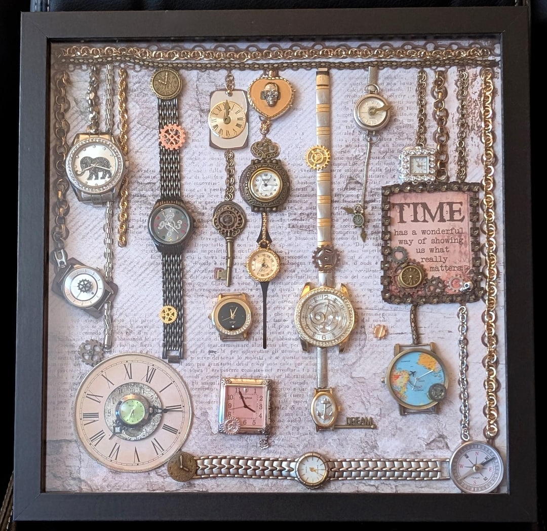 Steampunk Watch Shadow Box Art: Upcycled Jewelry Timepiece Display ...