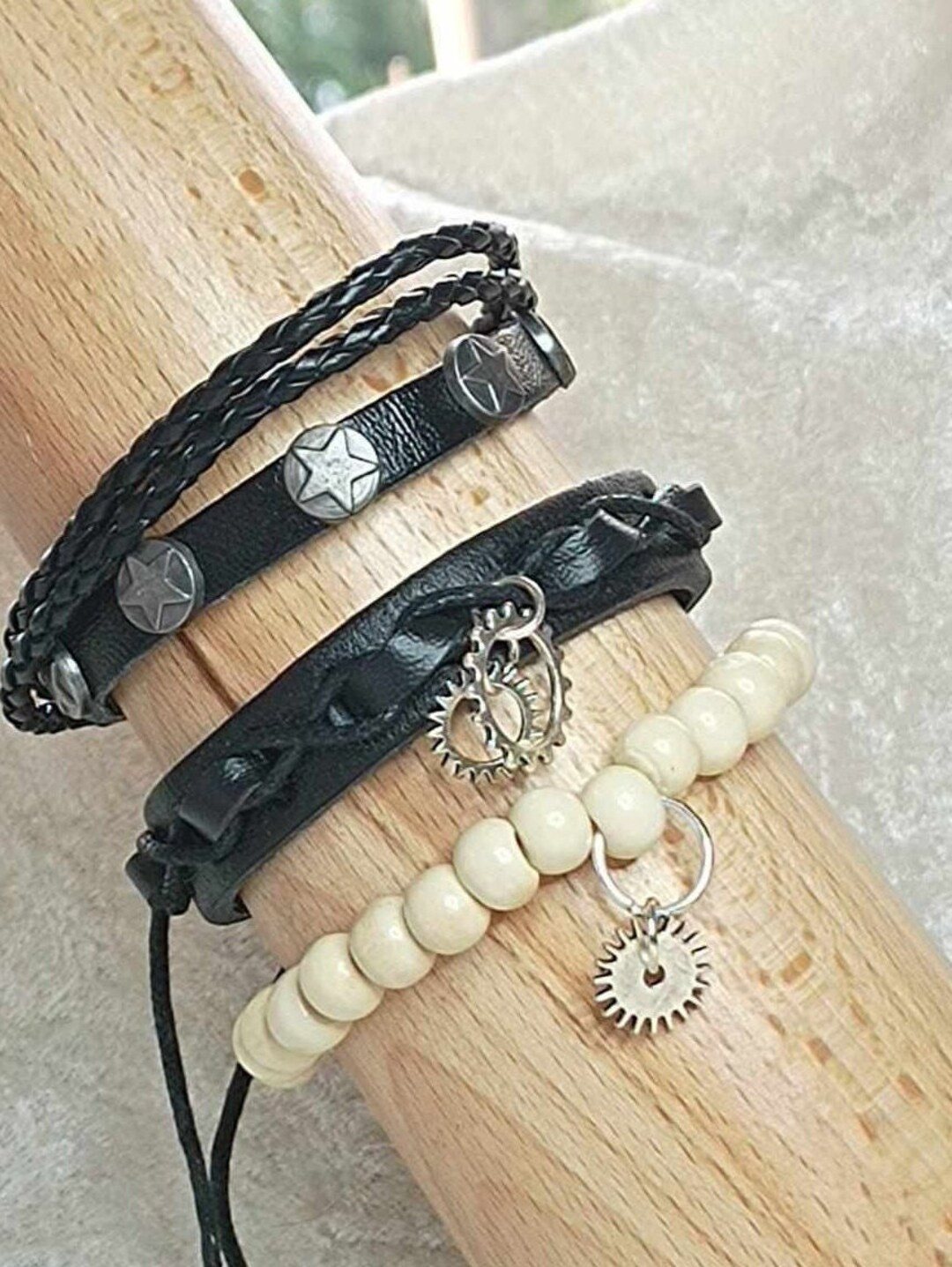 Steampunk Leather & Cord Bracelets Set, Adjustable Bracelet, Multilayered Unisex Mens, Layered ...