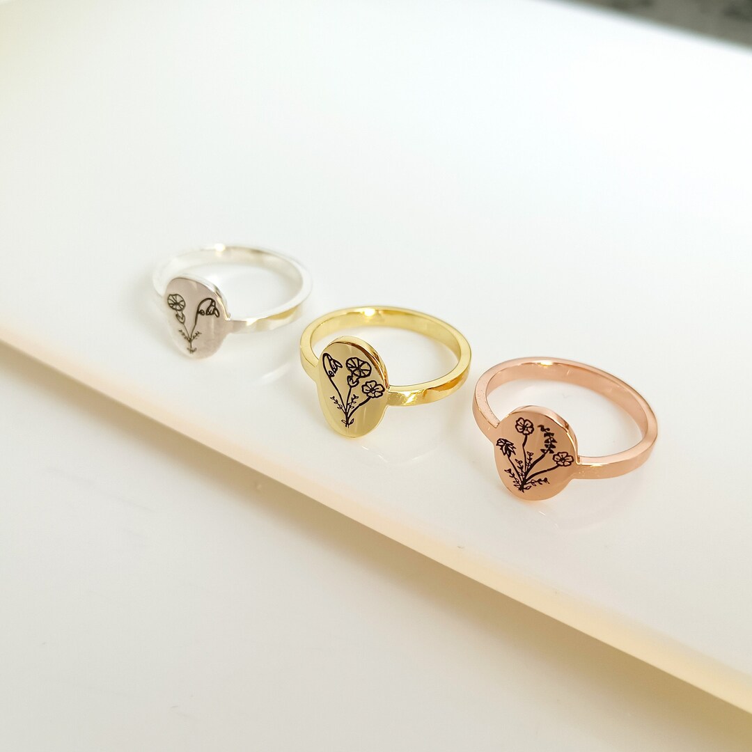 Custom Birth Flower Rings,dainty Birth Month Flower Ring,engraved ...