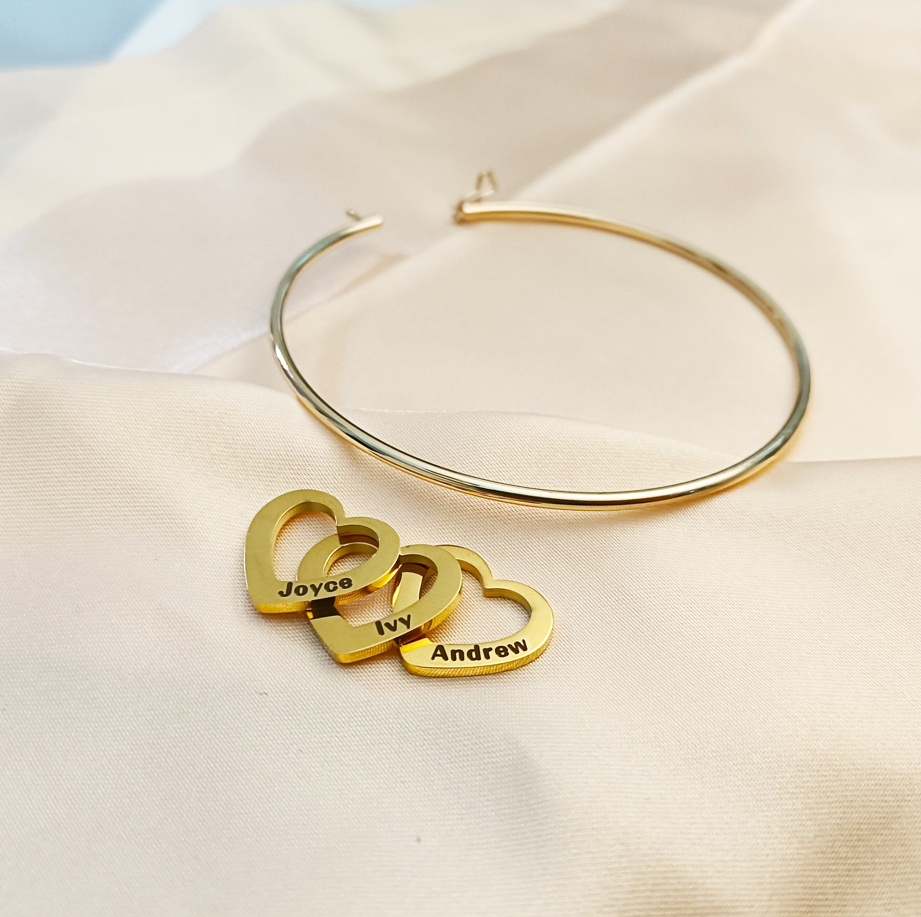 Personalized Bangle Bracelet Engraved Hearts Charms Pendants - Etsy