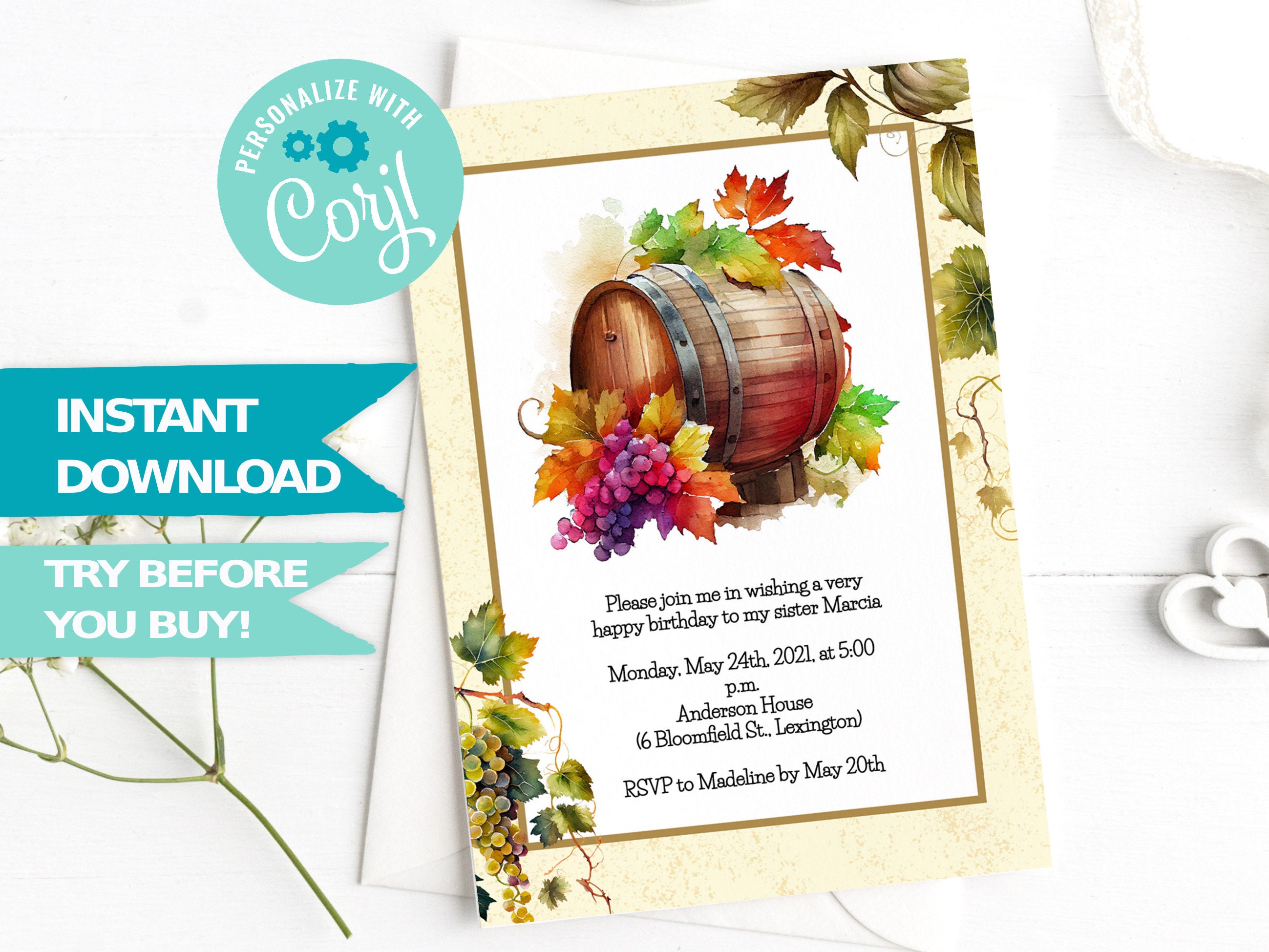 Printable Birthday Party Invitation Wine Editable Wine Barrel Party ...