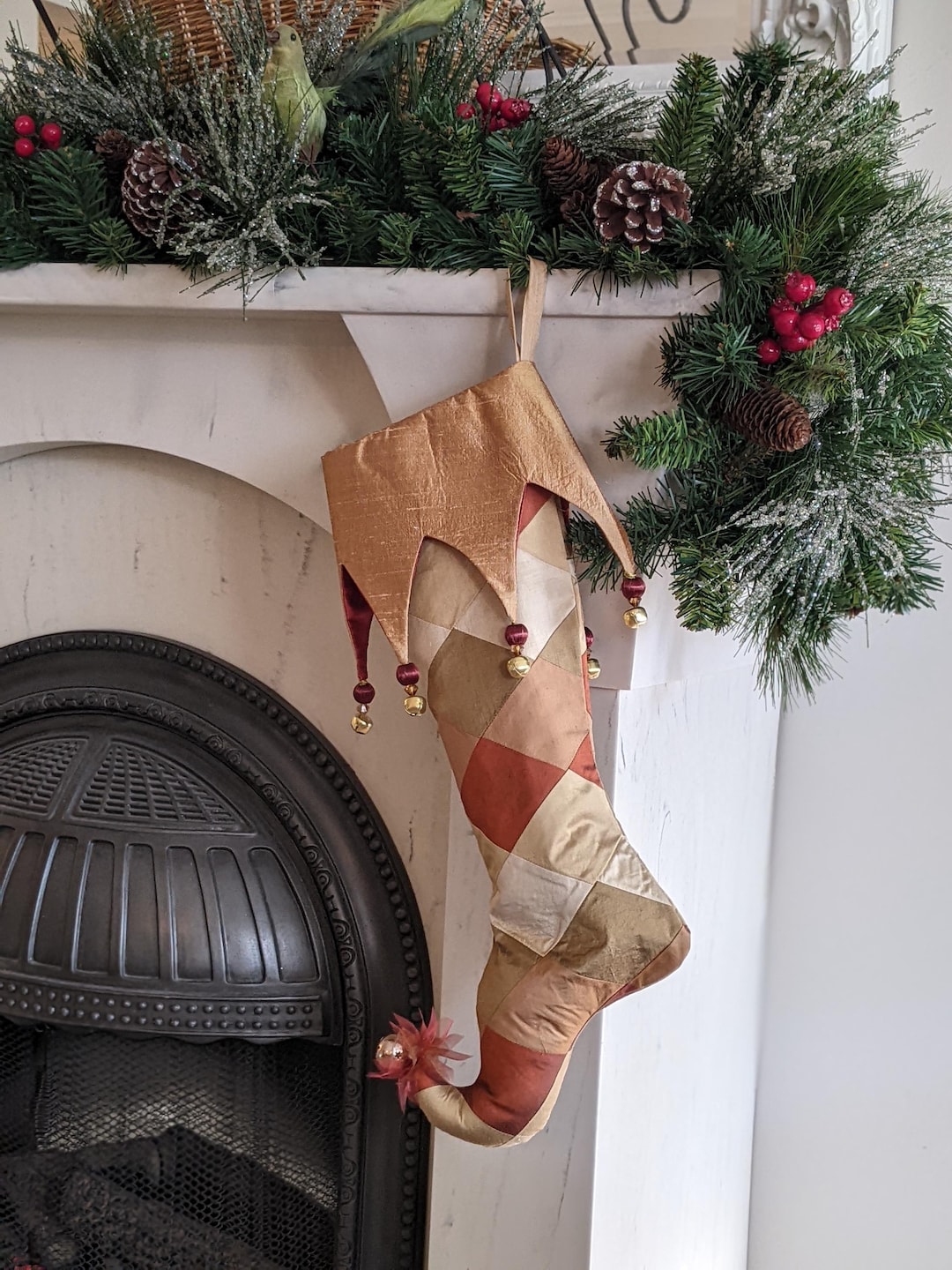 Whimsical Jester Christmas Stocking | Handmade | Quilted Silk in Copper ...