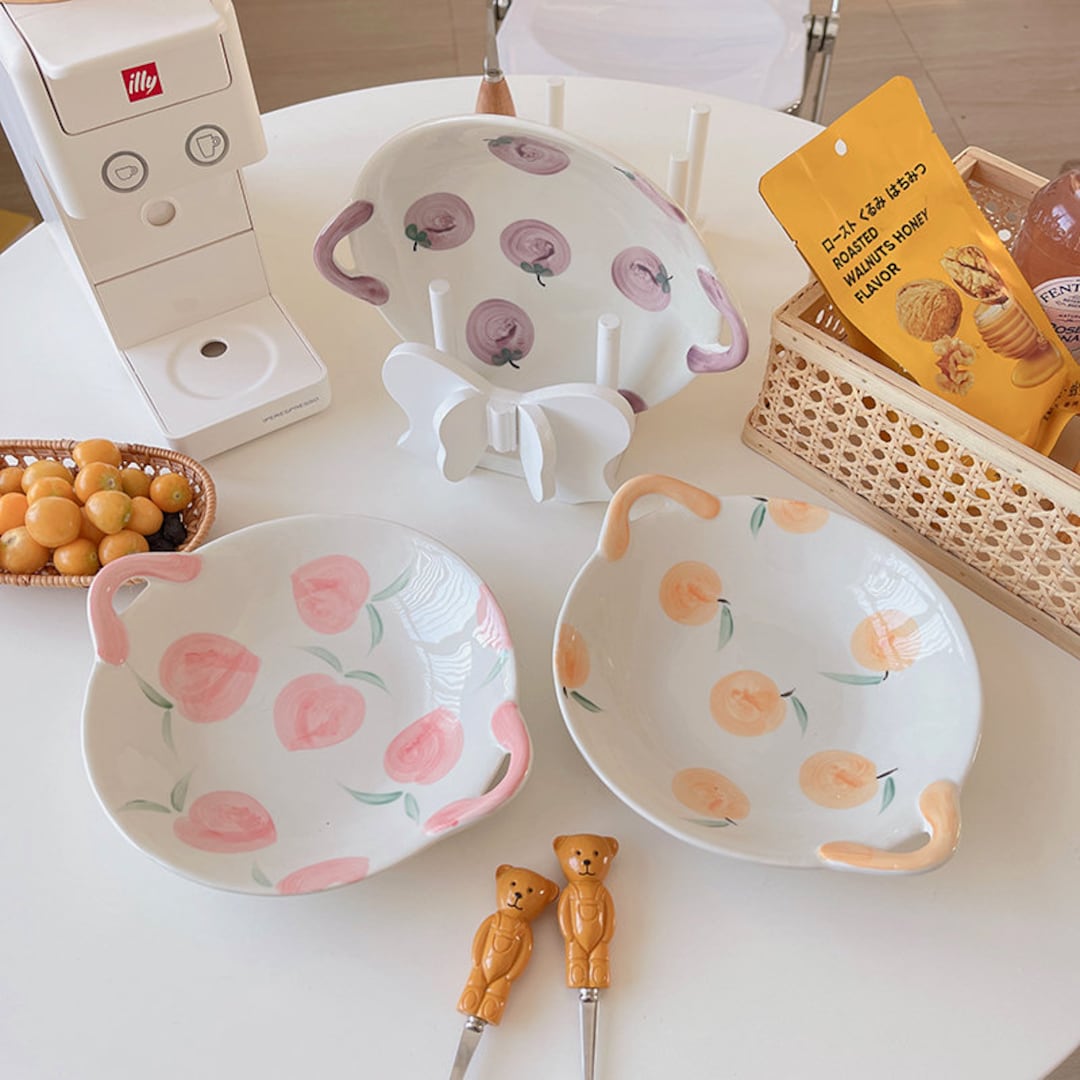 Japanese Hand-painted Peach Ceramic Bowl Plate Cute Soft Household ...